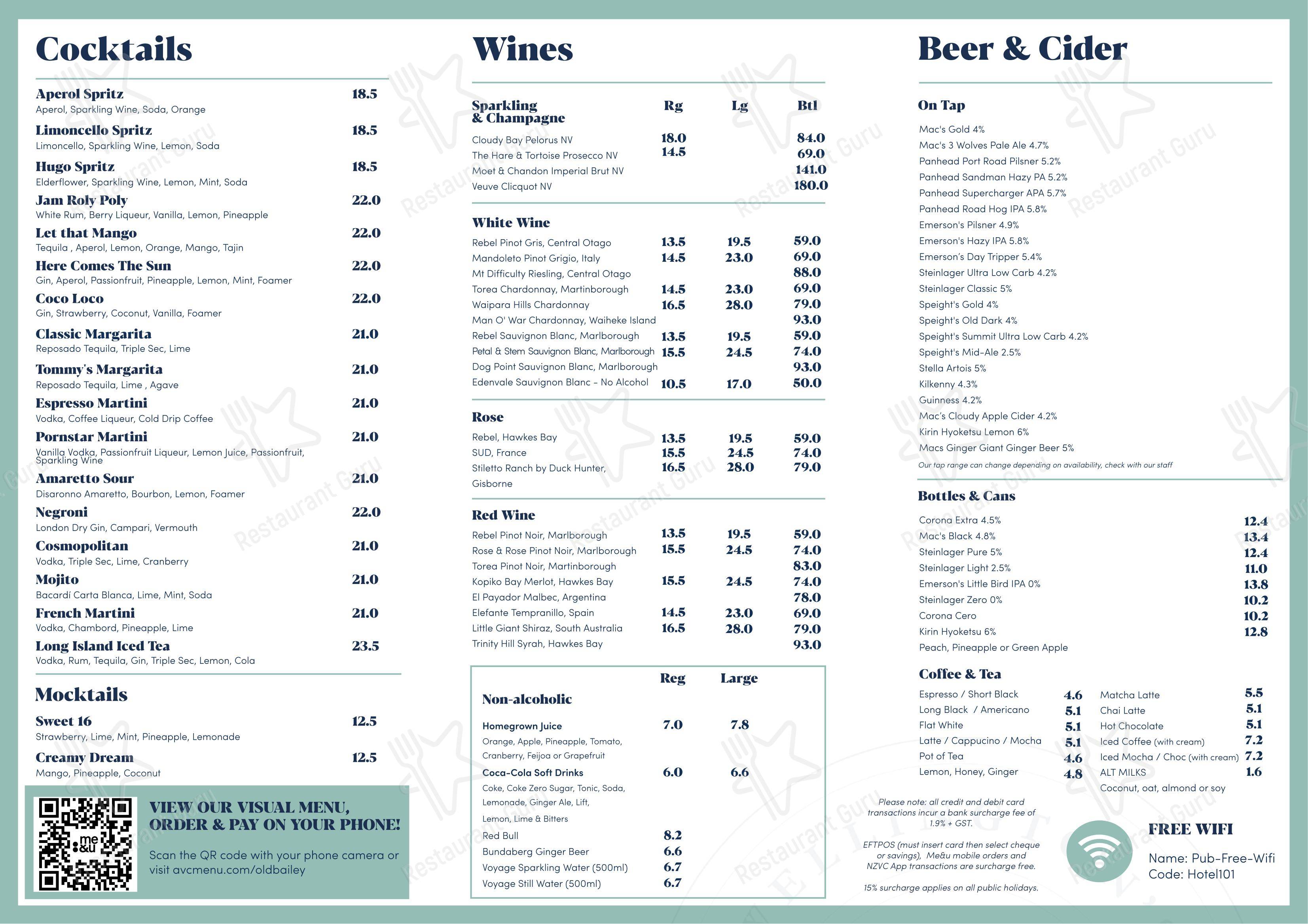 Menu at The Old Bailey pub & bar, Wellington