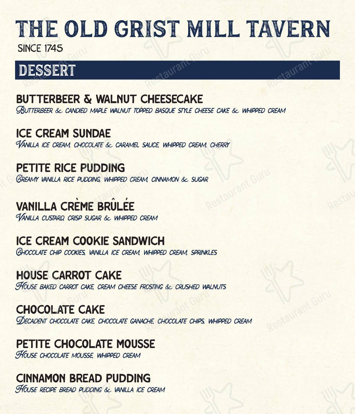 Menu at The Old Grist Mill Tavern pub & bar, Seekonk