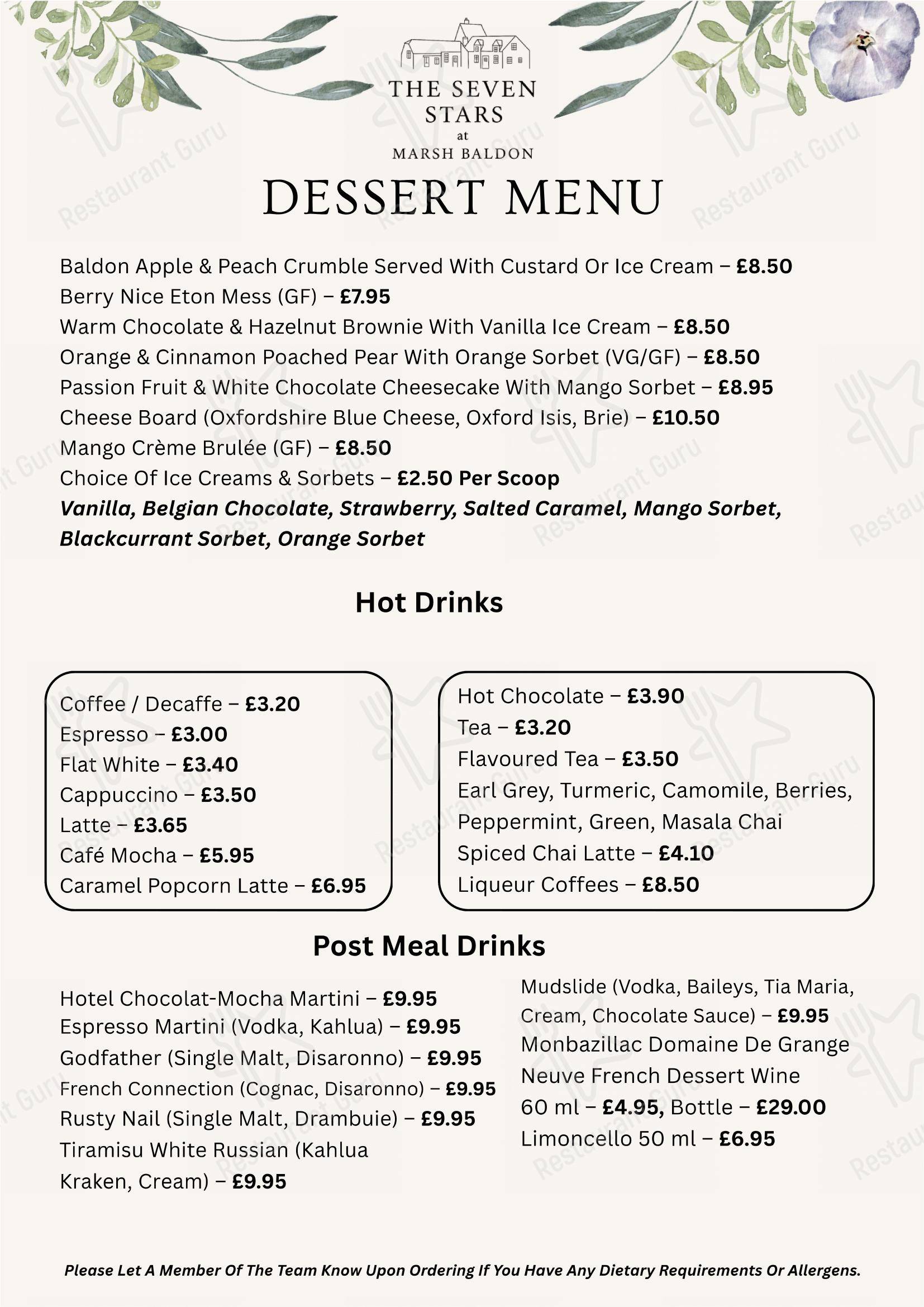 Menu at The Seven Stars at Marsh Baldon pub & bar, Oxford