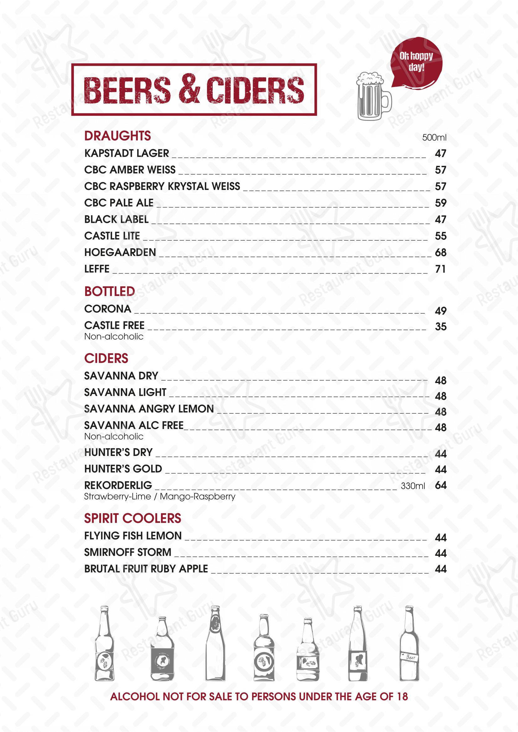 Menu at The Wolf House restaurant, Cape Town