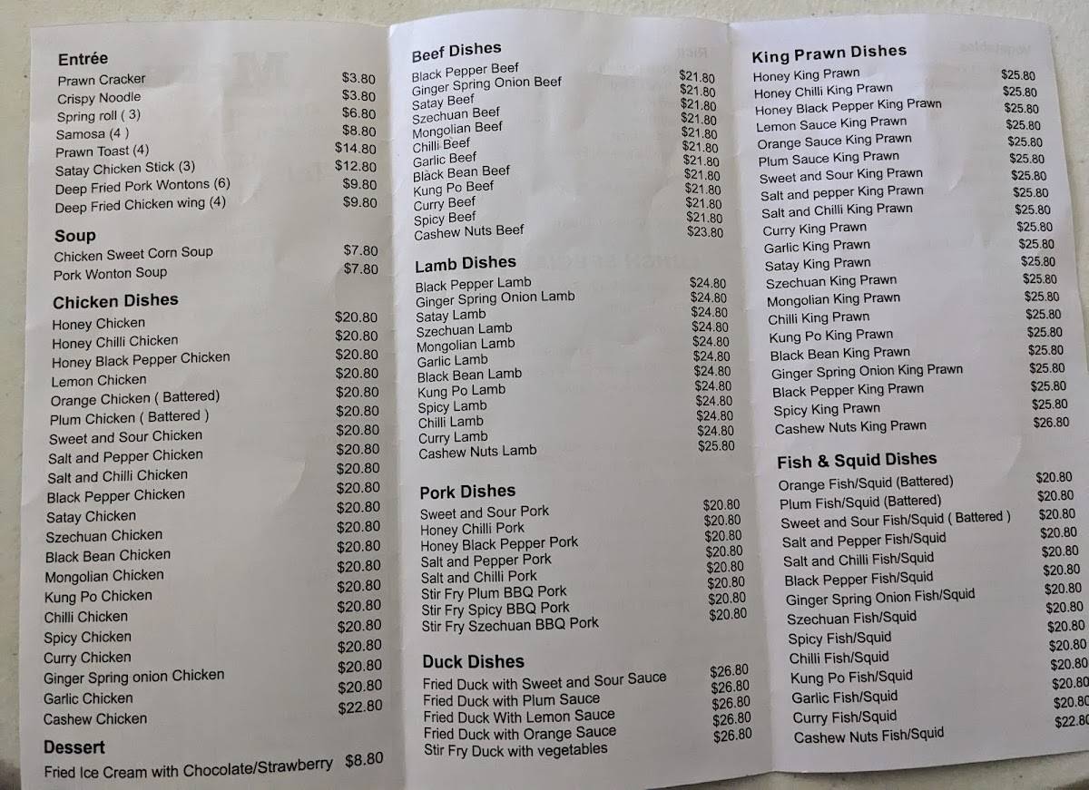 Menu at Mega Chinese Take Away, Warnbro
