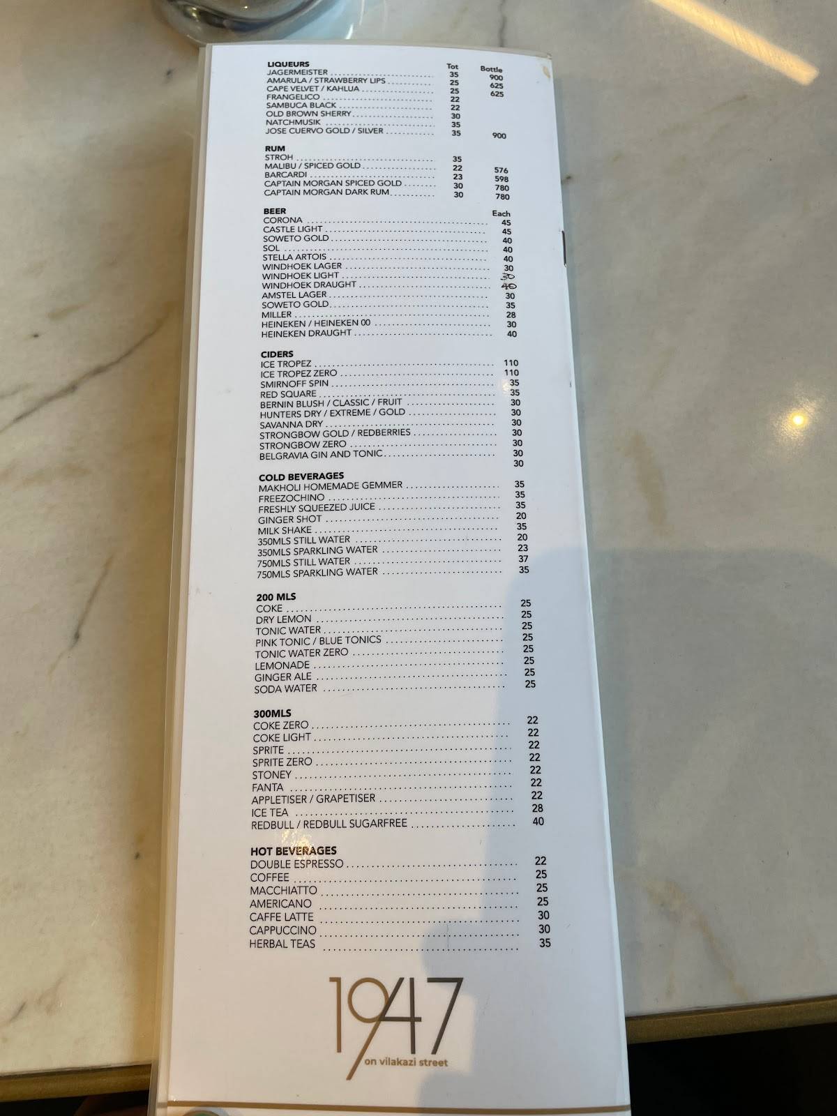 Menu at 1947 on Vilakazi Street restaurant, Soweto