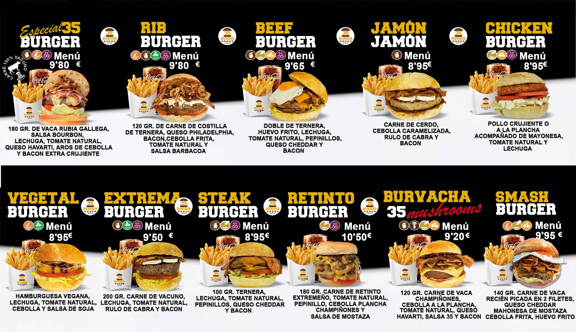 Menu at 35 Burger restaurant, Mérida