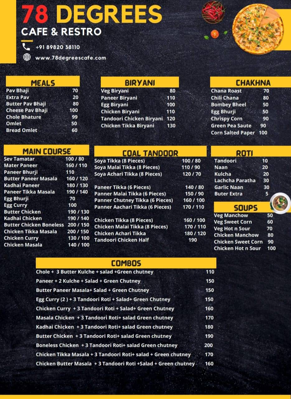 Menu at 78 degree cafe & restro, Bhopal