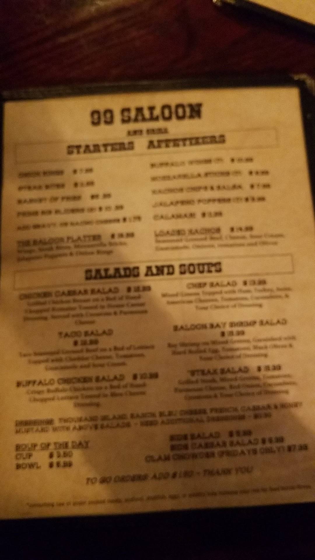 Menu at 99 Saloon & Grill pub & bar, Vancouver
