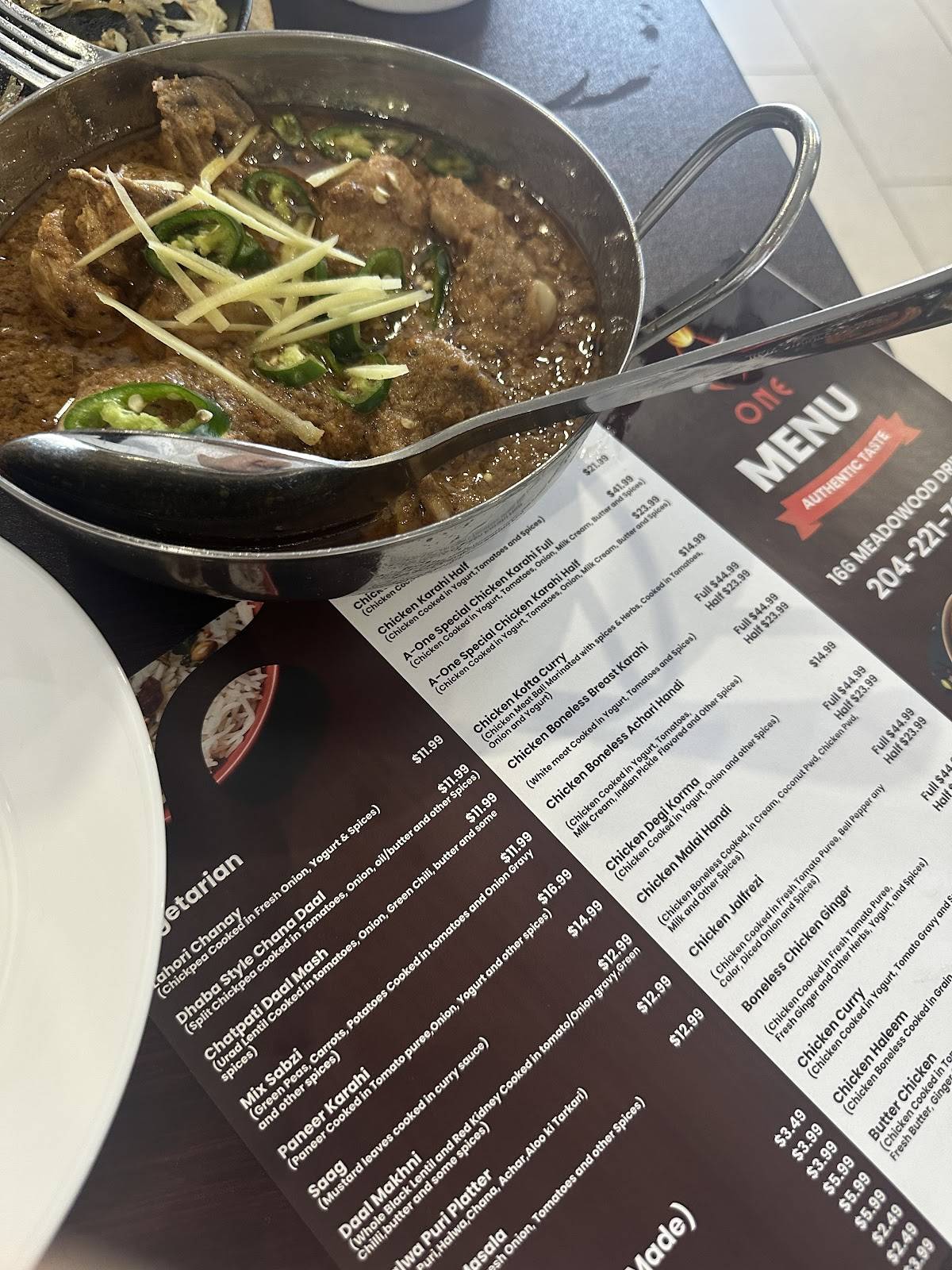 Menu at A-ONE Restaurant, Winnipeg