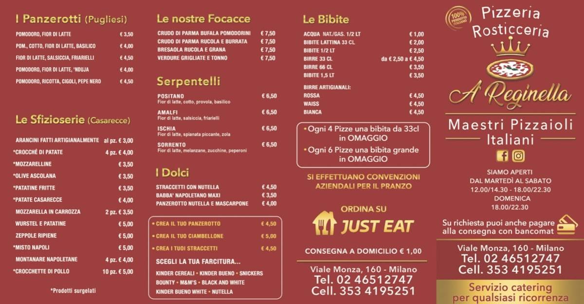 Menu at A' Reginella restaurant, Milan, Viale Monza