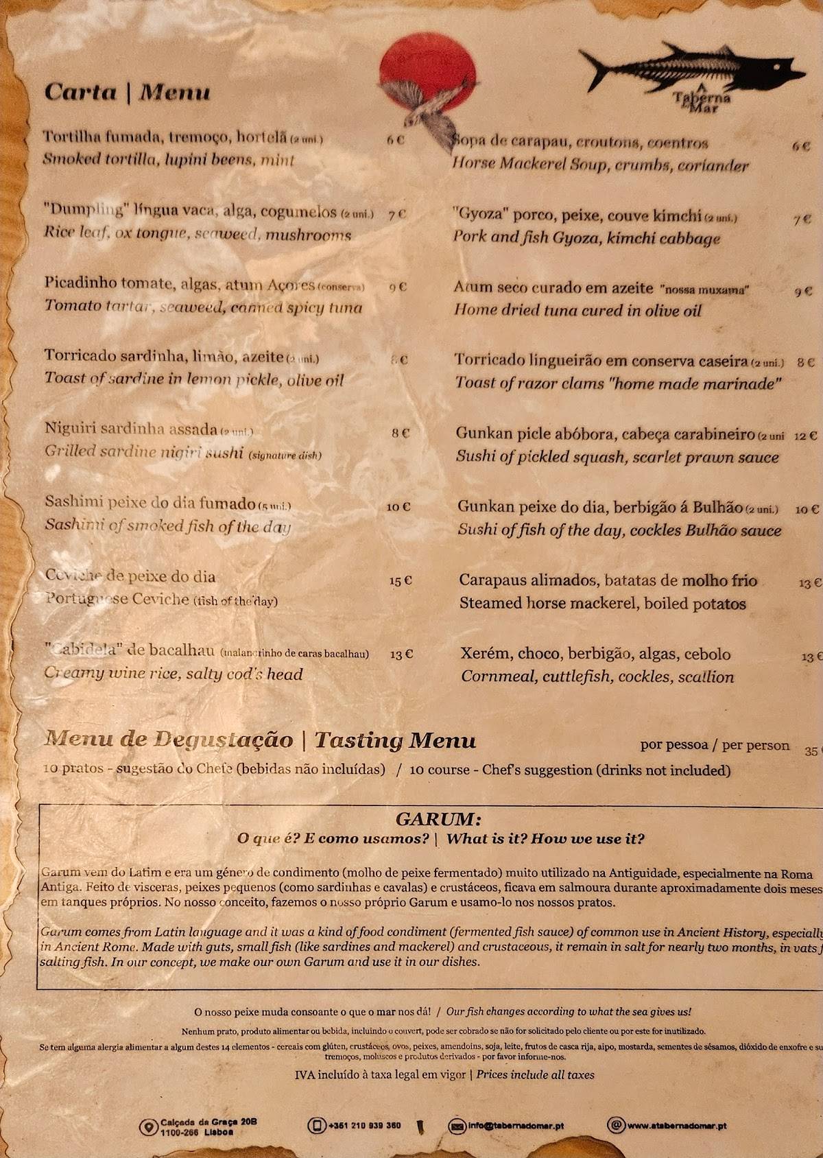 Menu em A Taberna Do Mar restaurante, Lisboa