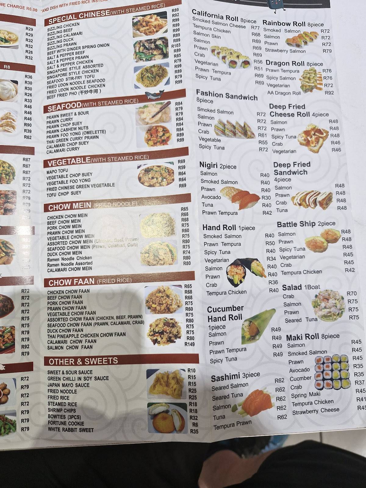 Menu at AA Sushi restaurant, Centurion