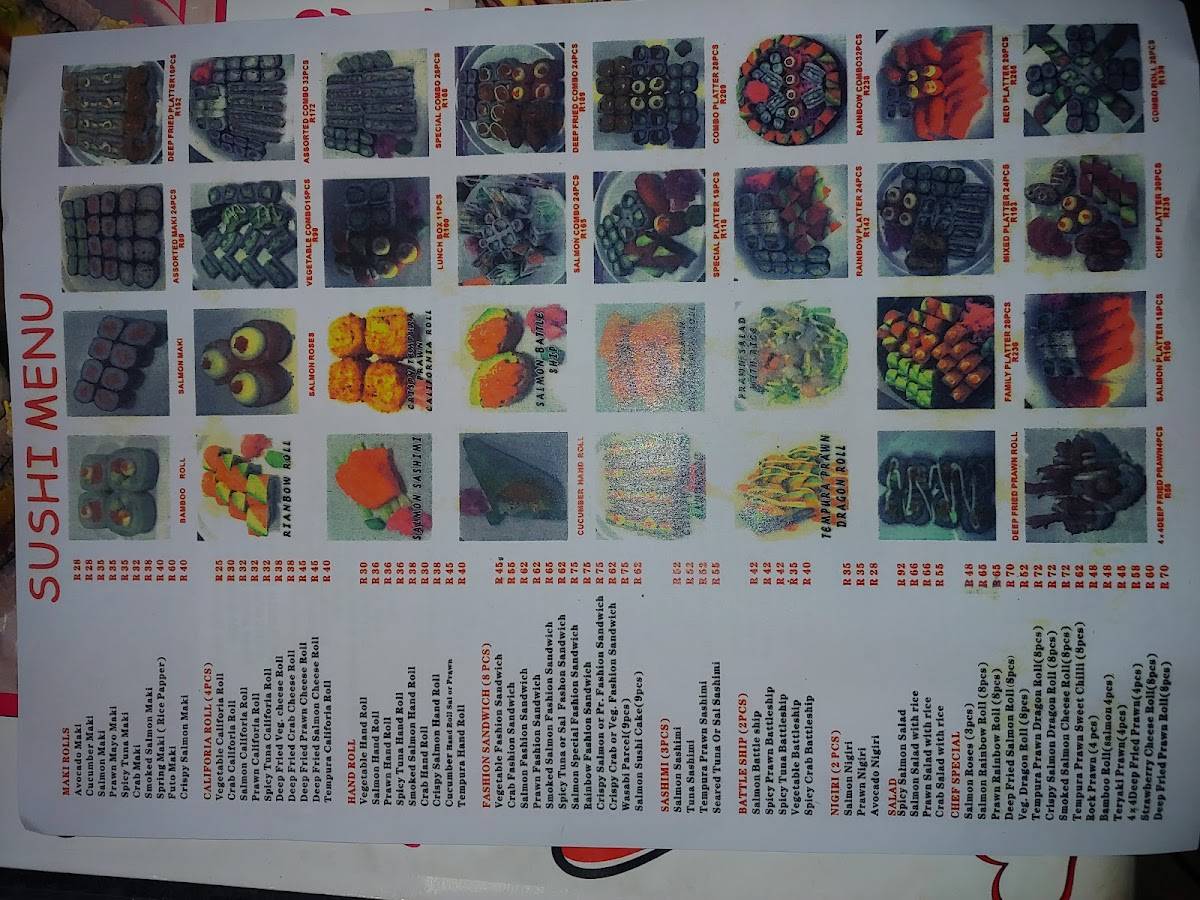 Menu at AA Sushi restaurant, Centurion