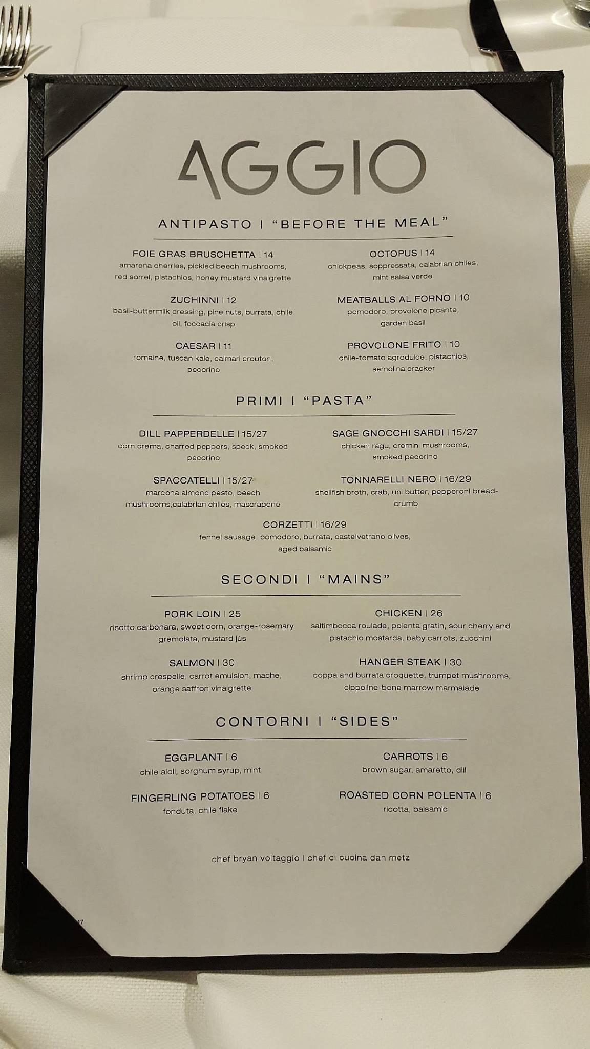 Menu at AGGIO Baltimore steakhouse, Baltimore