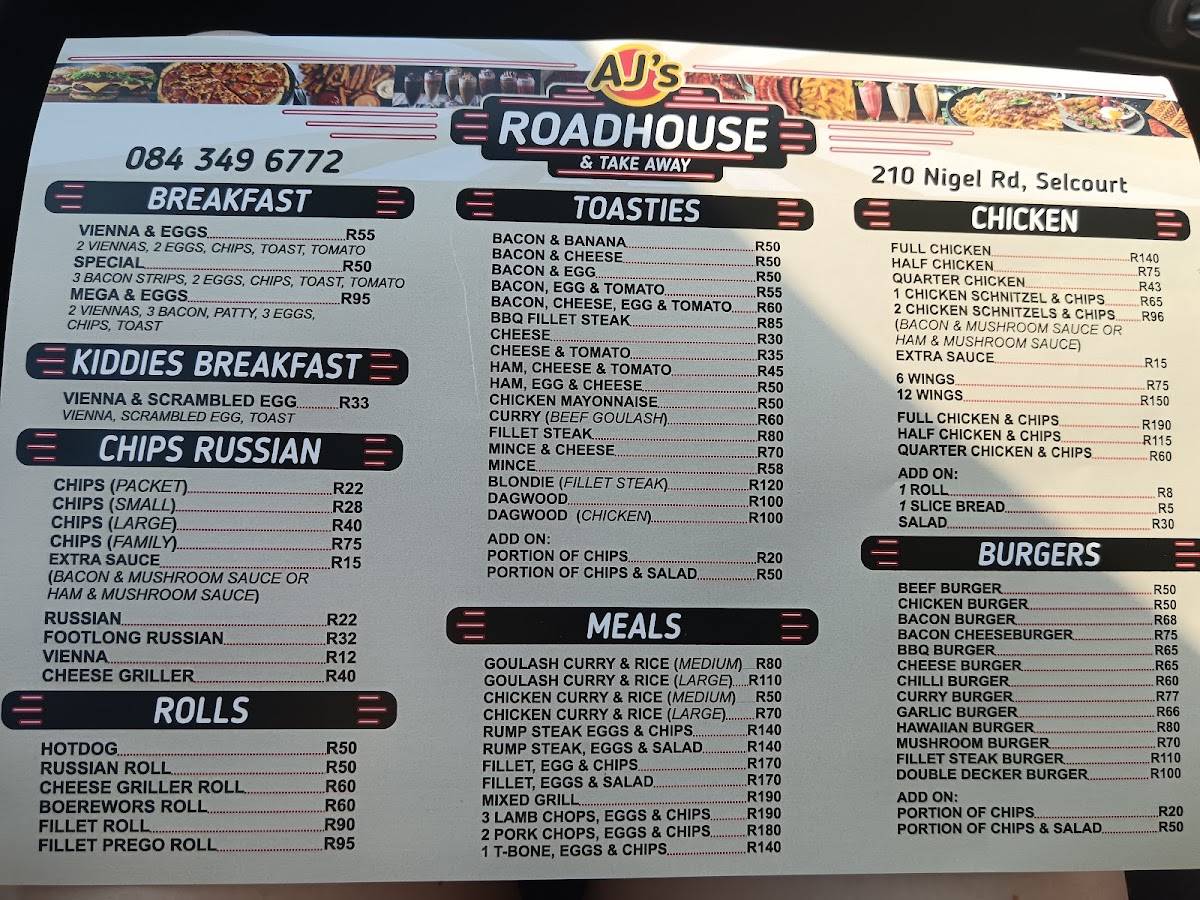 Menu at AJ's Roadhouse & Take Aways restaurant, Springs