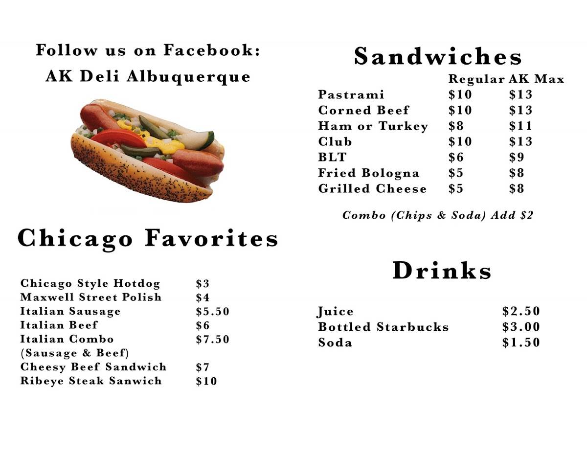 Menu at AK Deli pizzeria, Albuquerque