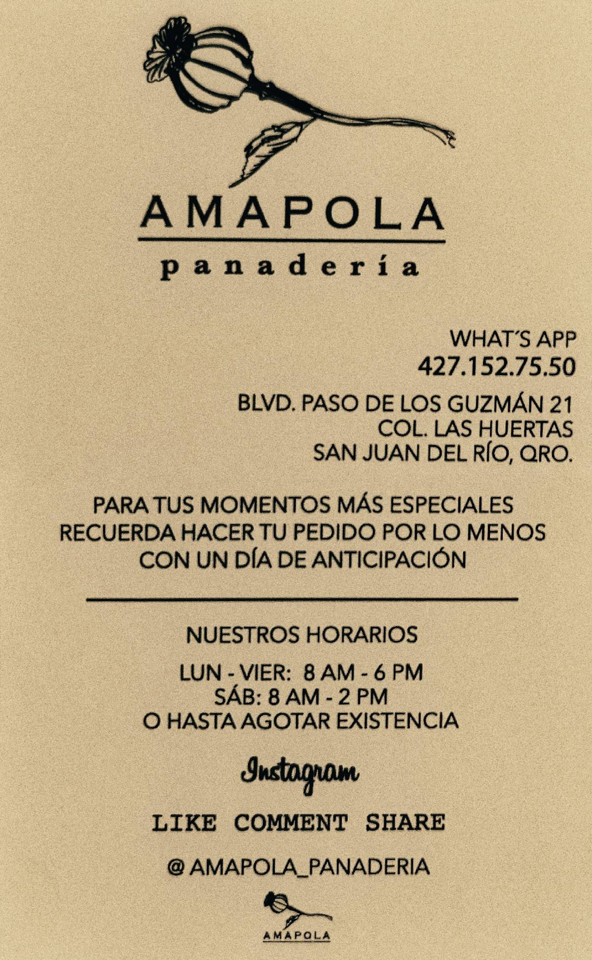 Carta de Amapola Panadería, San Juan del Río