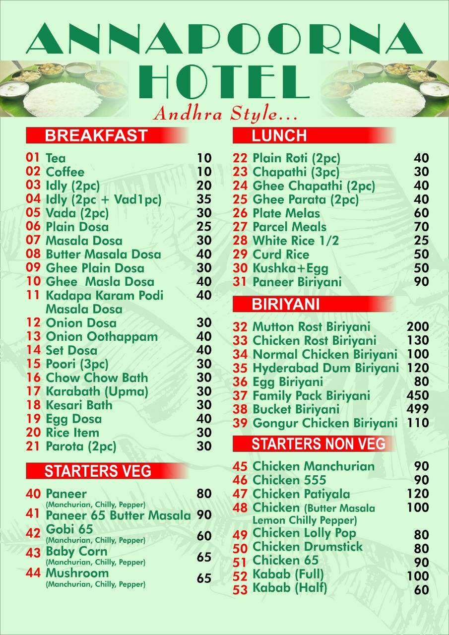 Menu at ANNAPOORNA HOTEL (Andhra style food), Bengaluru, Sarjapur ...
