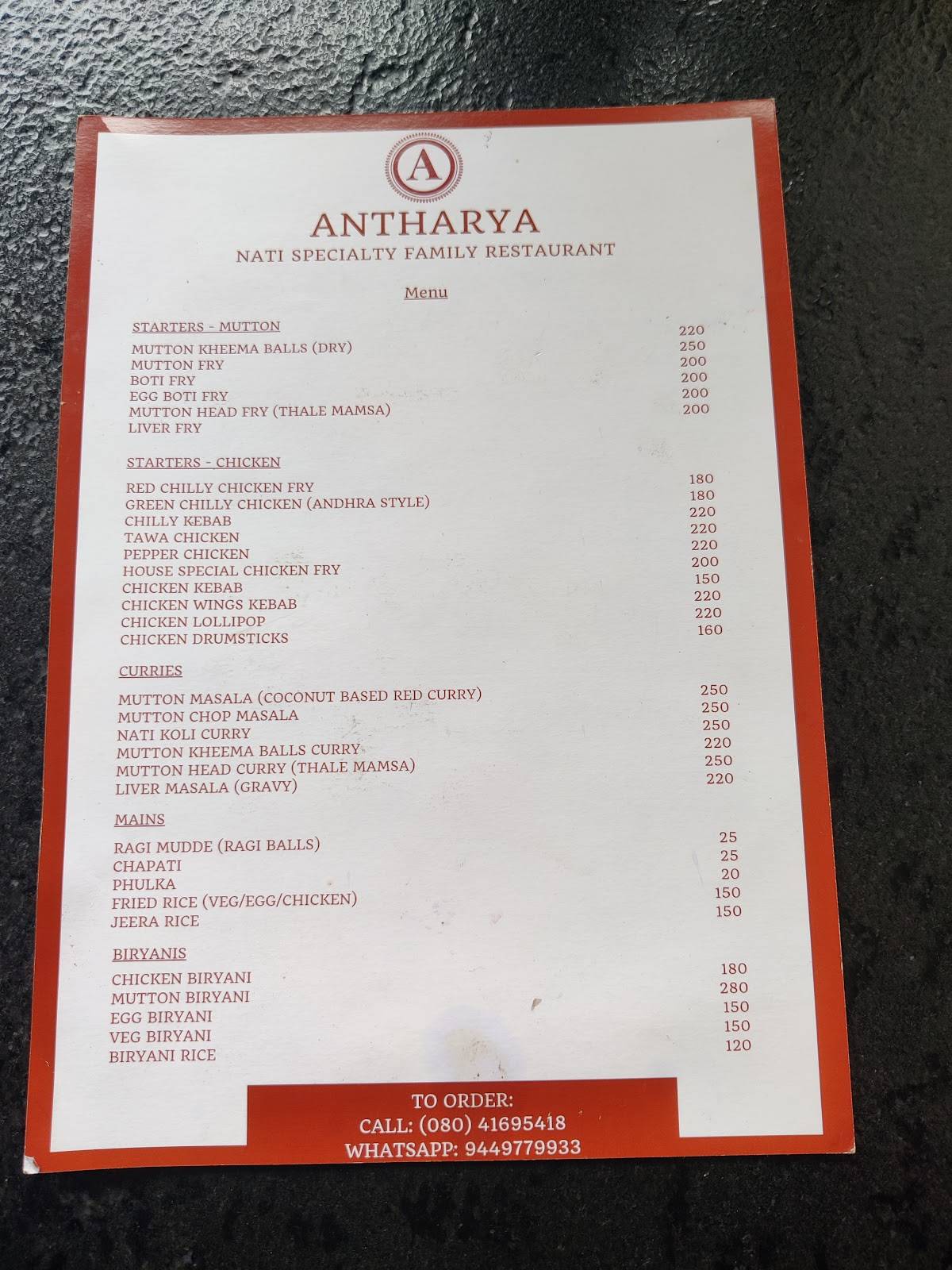 Menu at ANTHARYA - Nati Style Family Restaurant, Bengaluru