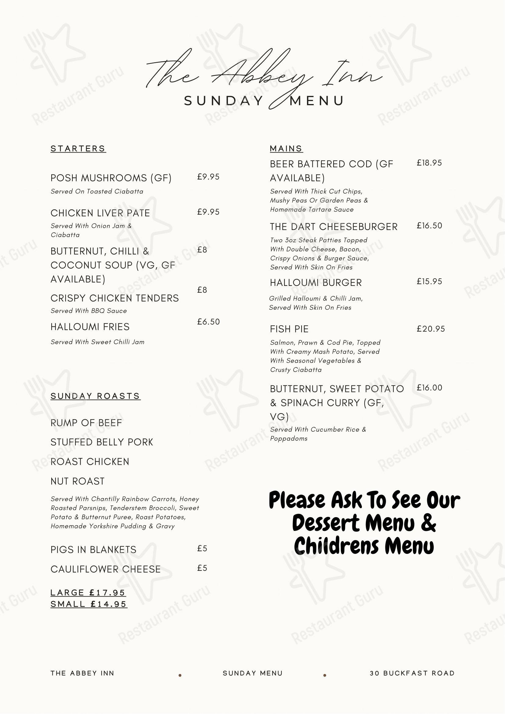 Menu at The Abbey Inn restaurant, Buckfastleigh