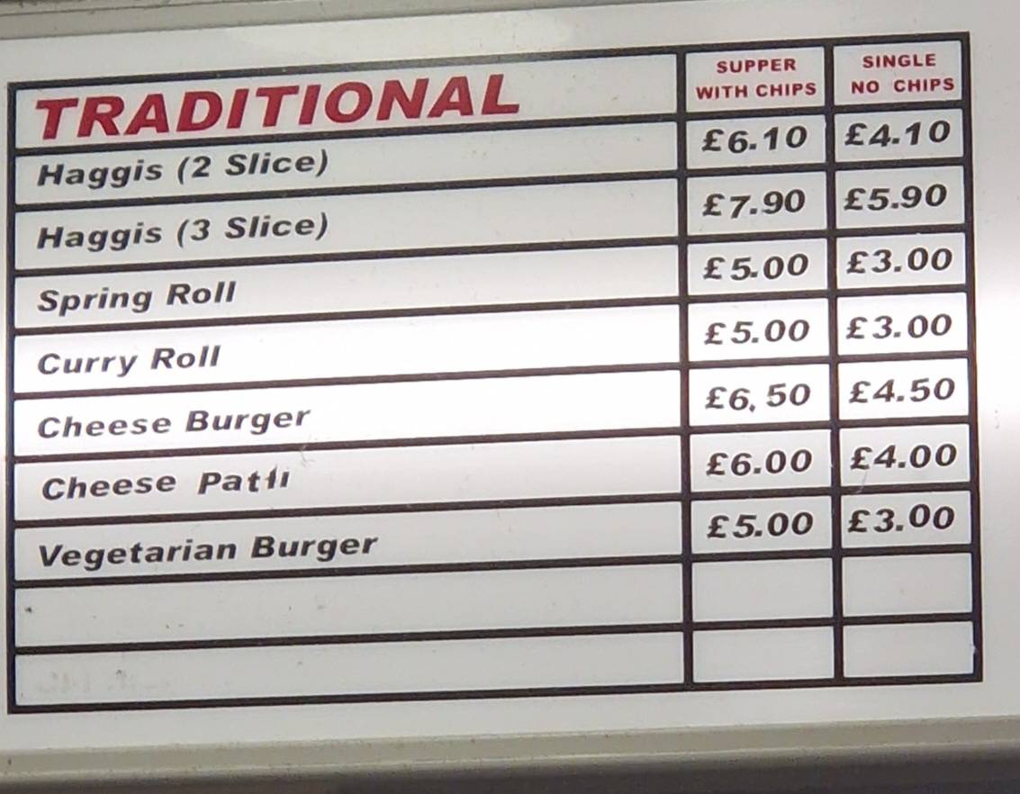 Menu at Abbey Take Away restaurant, Jedburgh