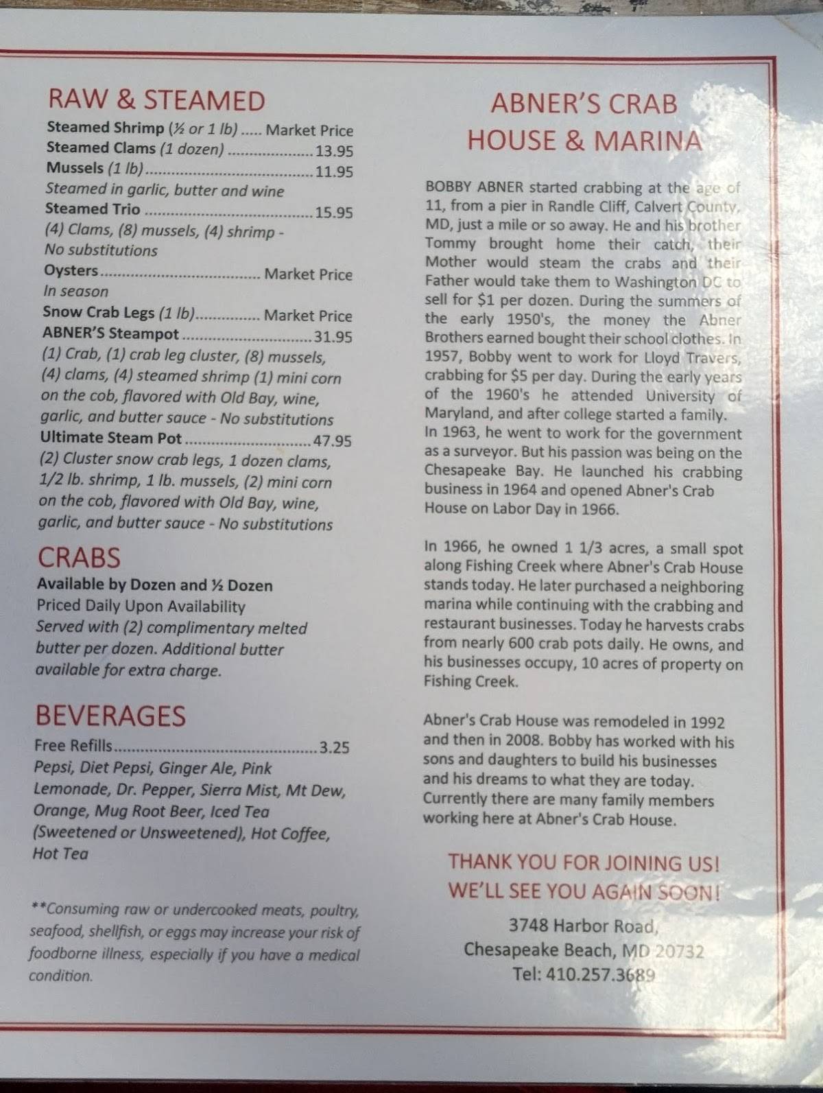Menu at Abners Crab House pub & bar, Chesapeake Beach