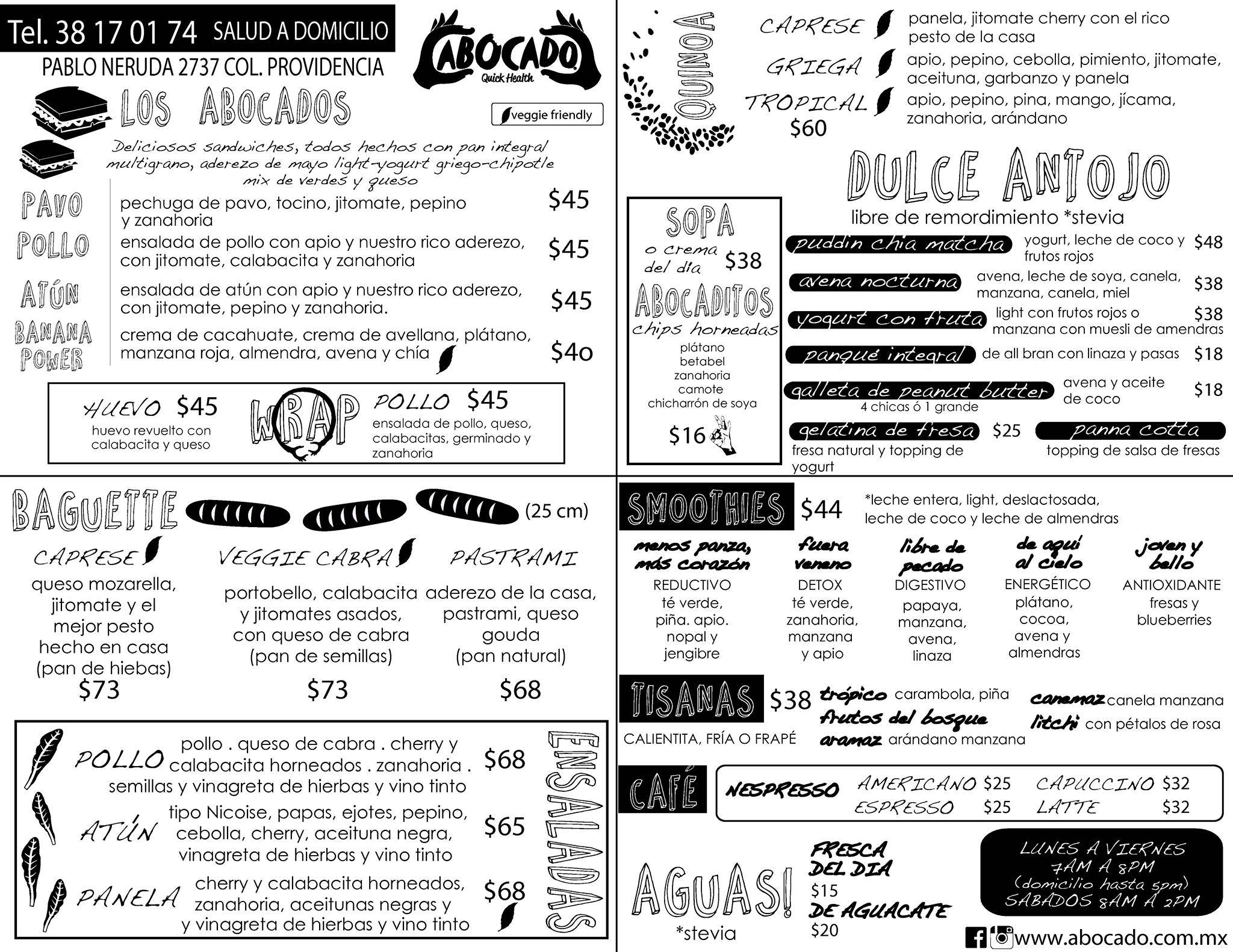Menu at Abocado restaurant, Guadalajara