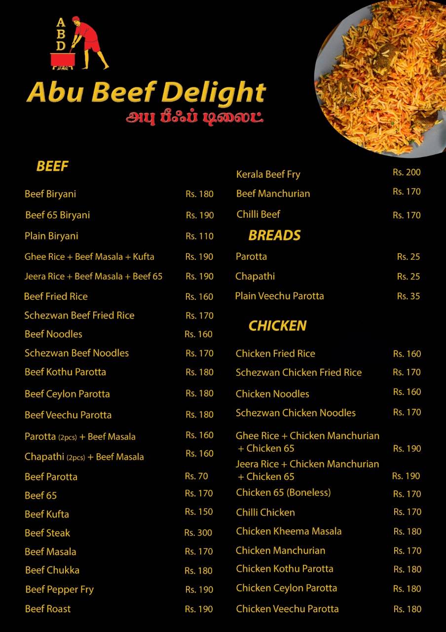 Menu at Abu Beef Delight, Chennai