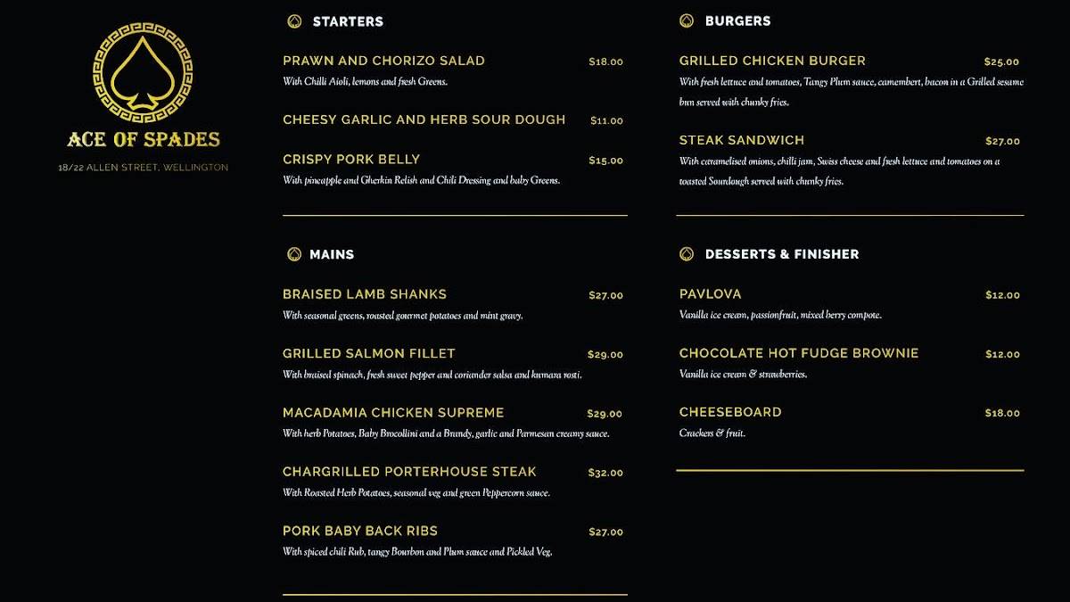 Menu at Ace of Spades pub & bar, Wellington