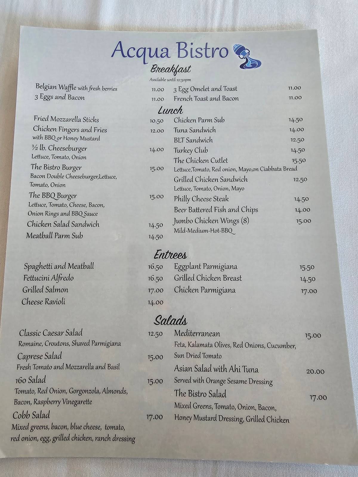 Menu at Acqua Bistro restaurant, Hollywood