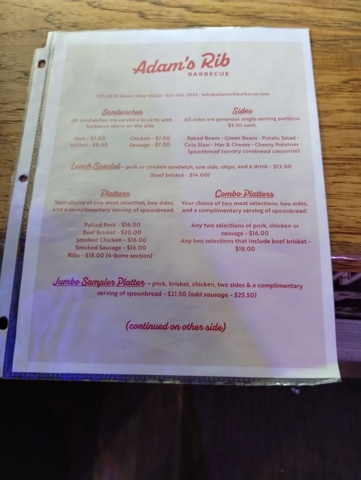 Menu at Adam's Rib Barbecue, Eaton