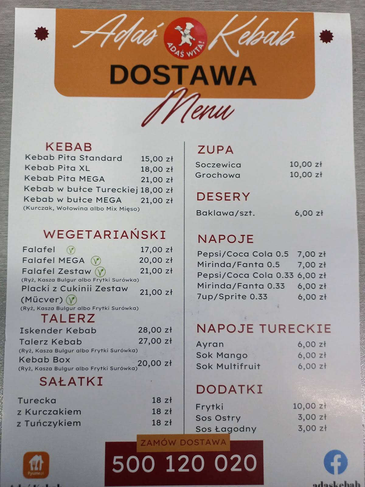 Menu at Adaś Kebab, Warsaw