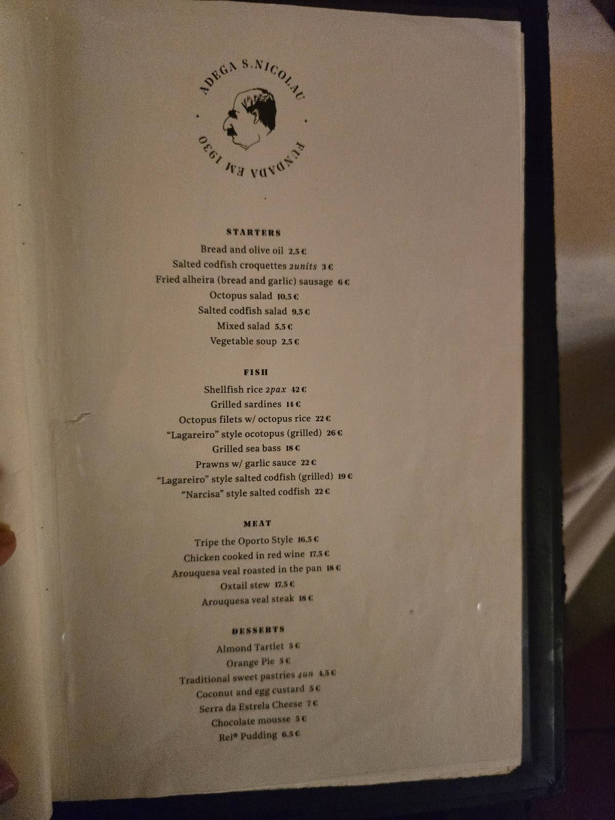 Menu at Adega São Nicolau restaurant, Porto, R. de São Nicolau 1