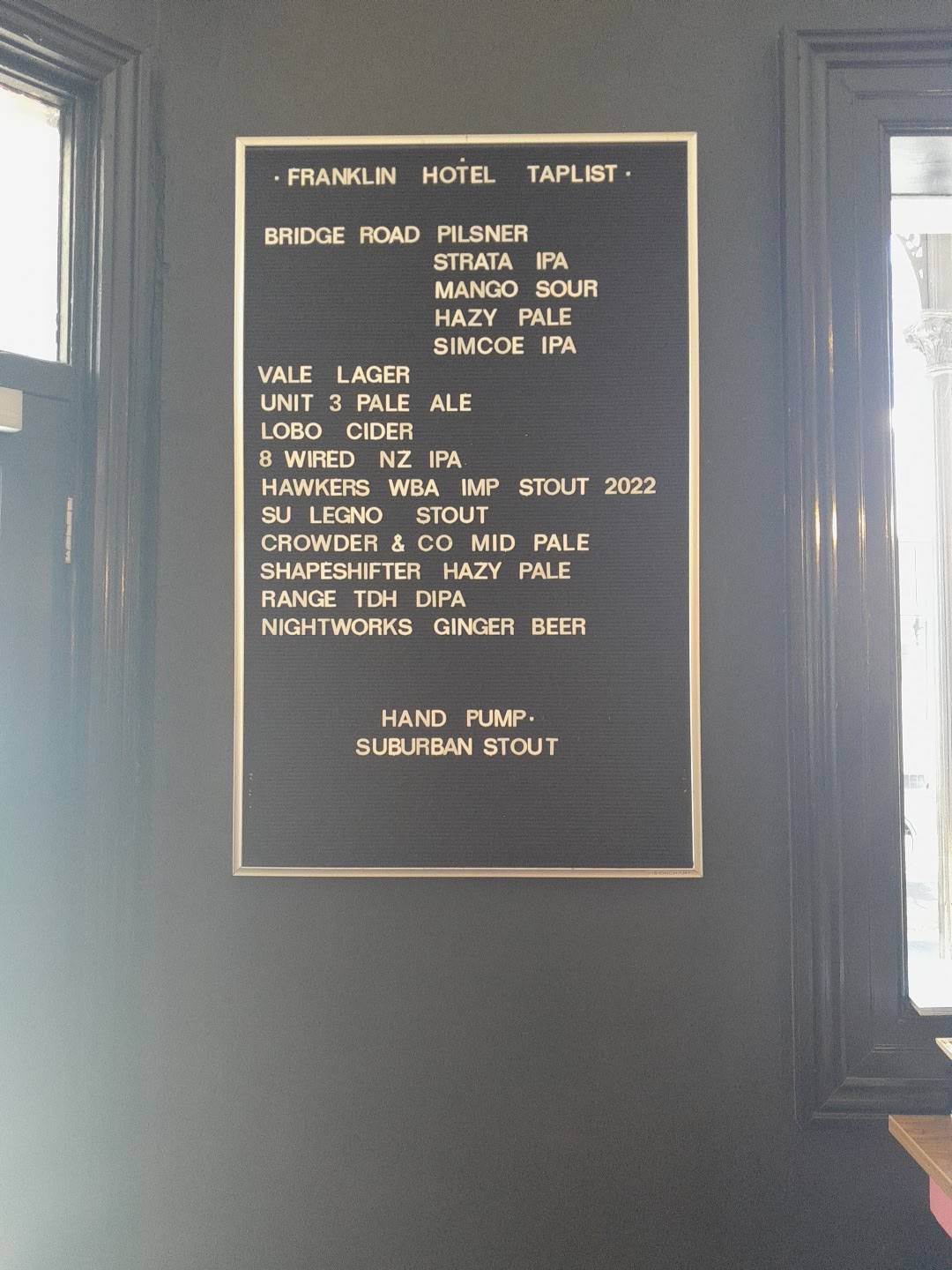 Menu at The Franklin Hotel pub & bar, Adelaide