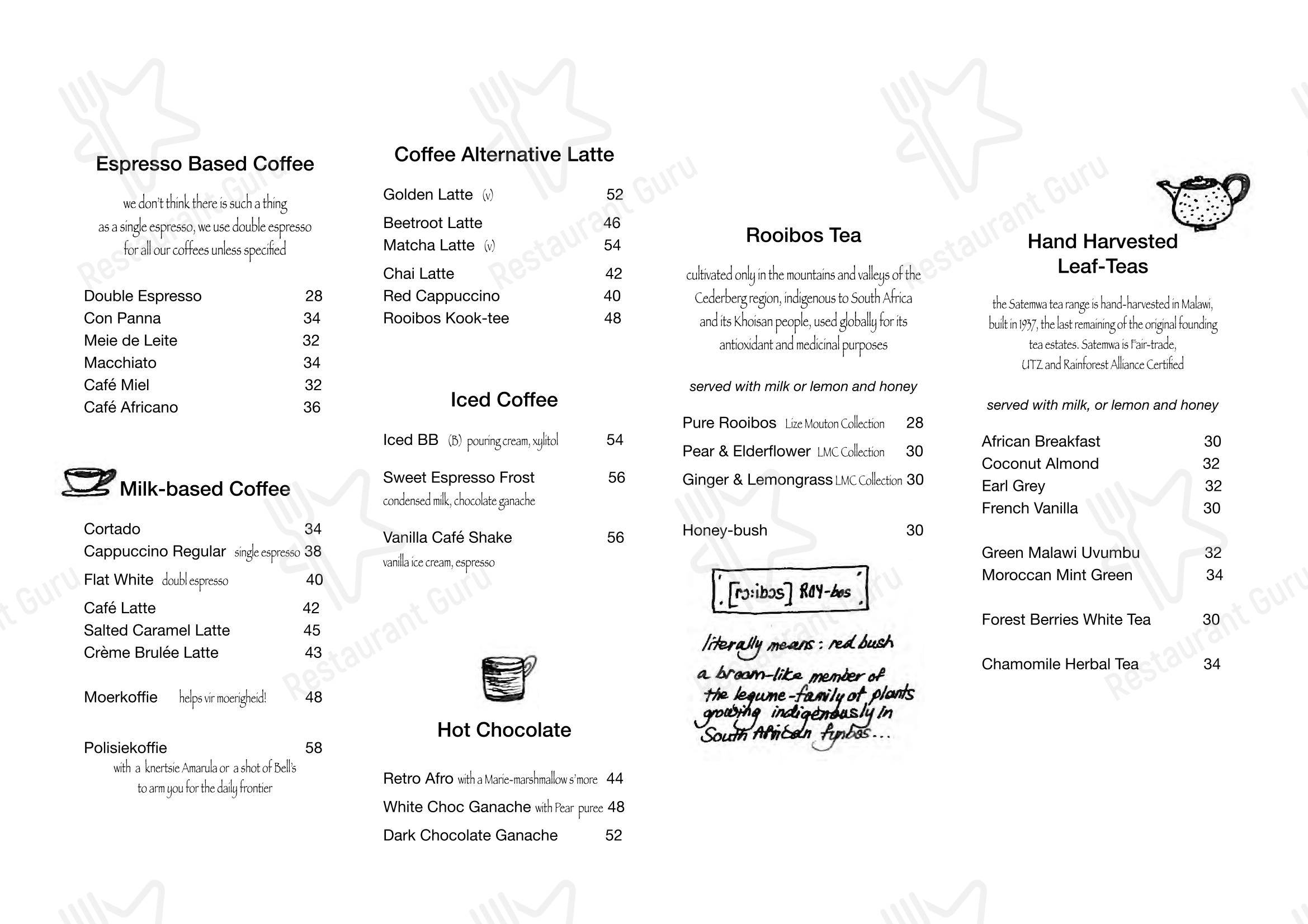 Menu at Afro-Boer restaurant, Pretoria