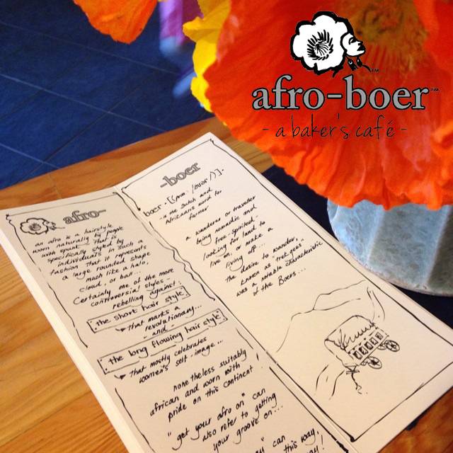 Menu at Afro-Boer cafe, Pretoria