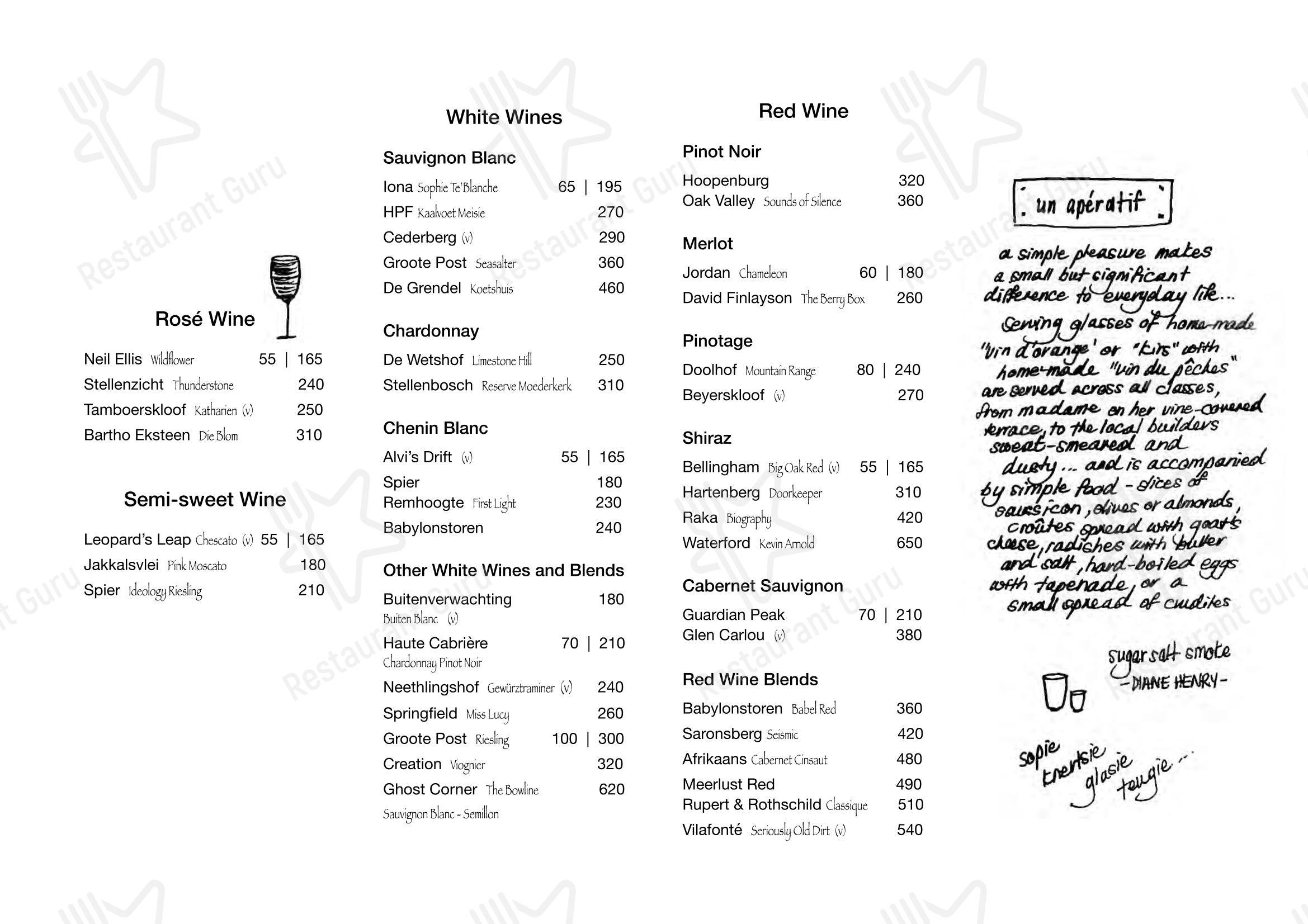 Menu at Afro-Boer restaurant, Pretoria