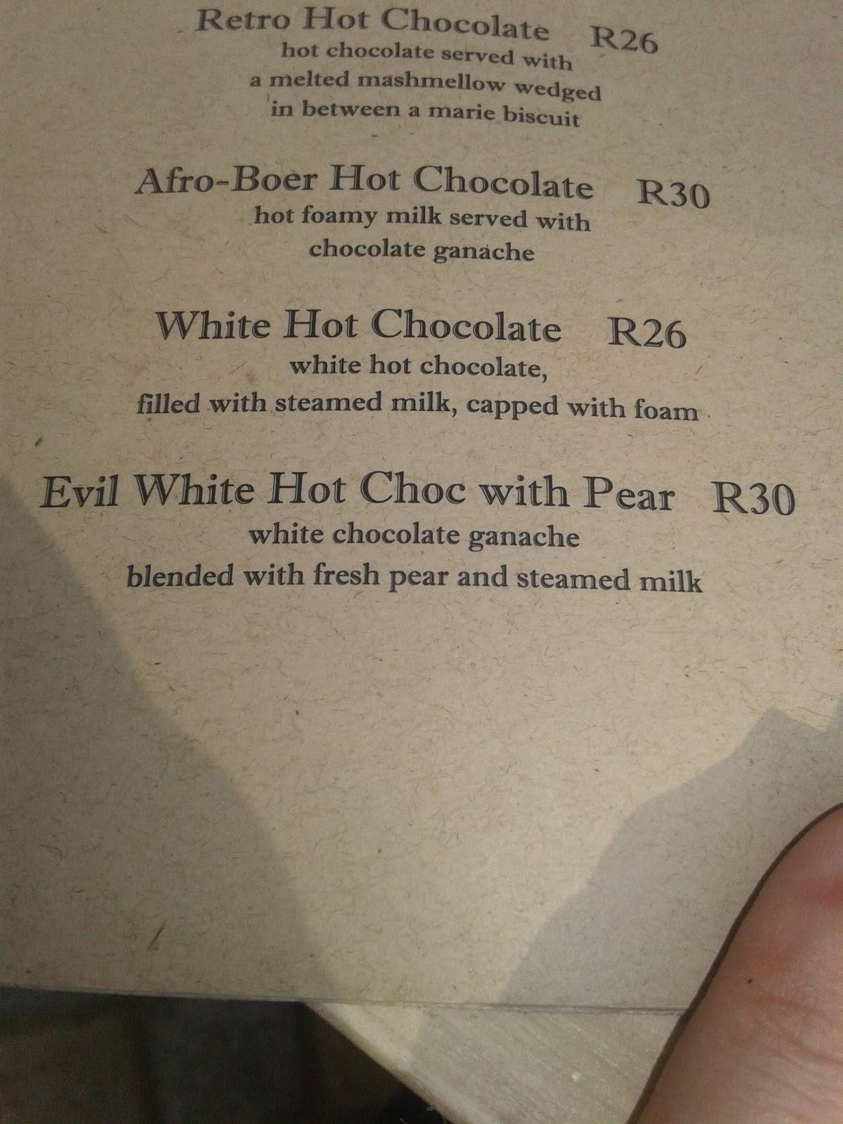 Menu at Afro-Boer cafe, Pretoria