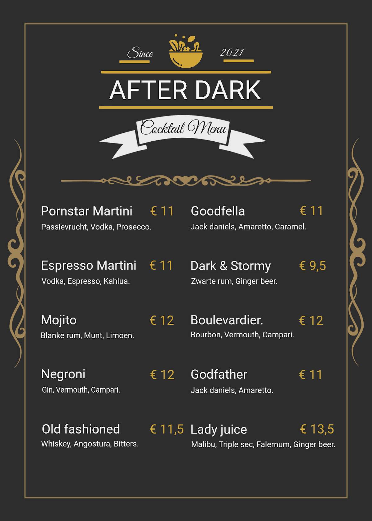 Speisekarte von After Dark, Rotterdam