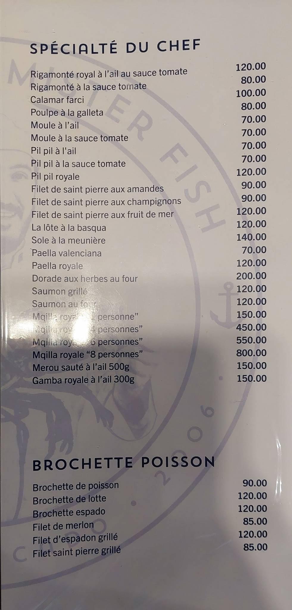 Speisekarte von Mister Fish restaurant, Agadir