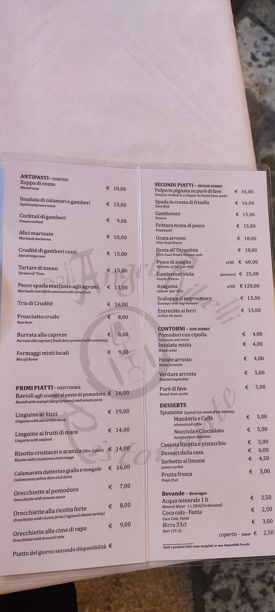 Speisekarte von Agli Angeli Ribelli pub & Bar, Otranto
