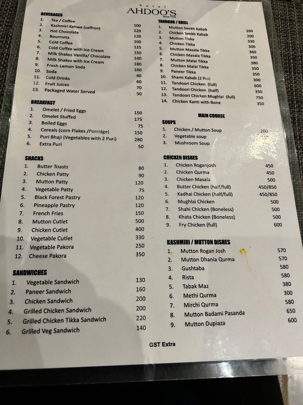 Menu at Ahdoos Restaurant, Srinagar, Ahdoo's Hotel