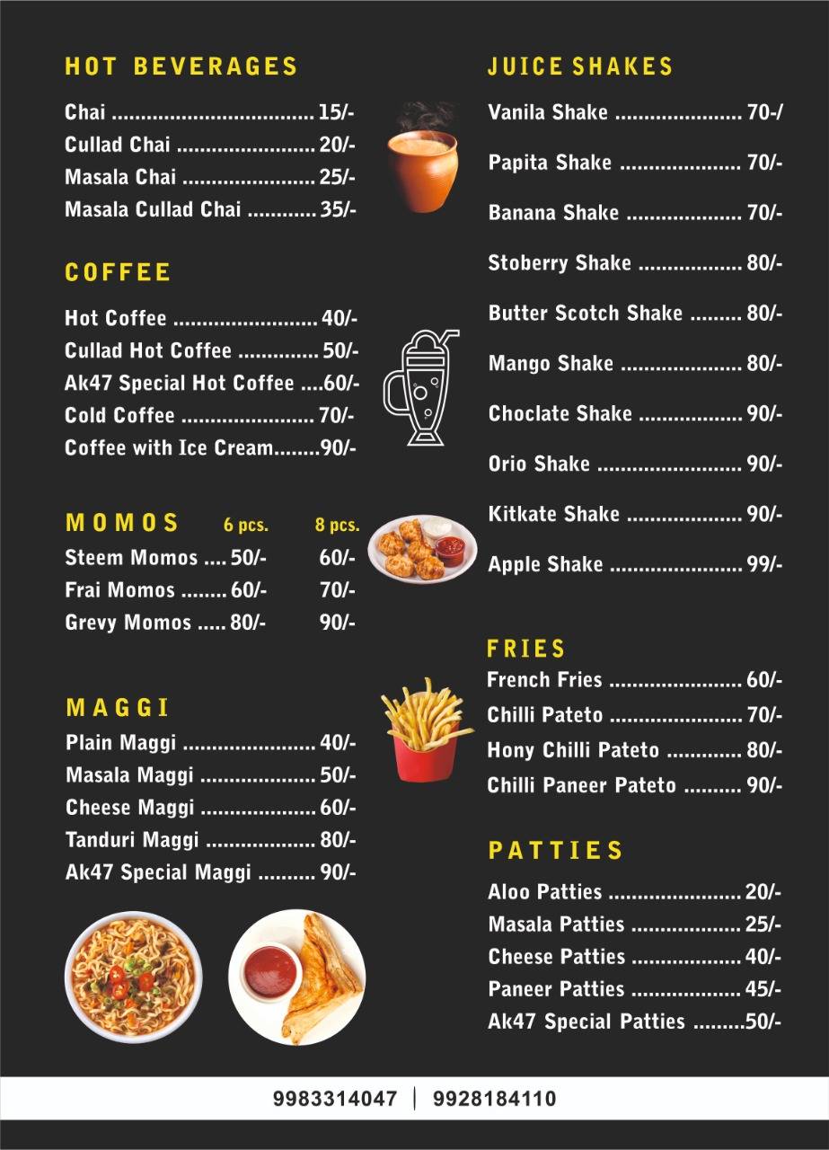 Menu at Ak 47 cafe, Jaipur, 1