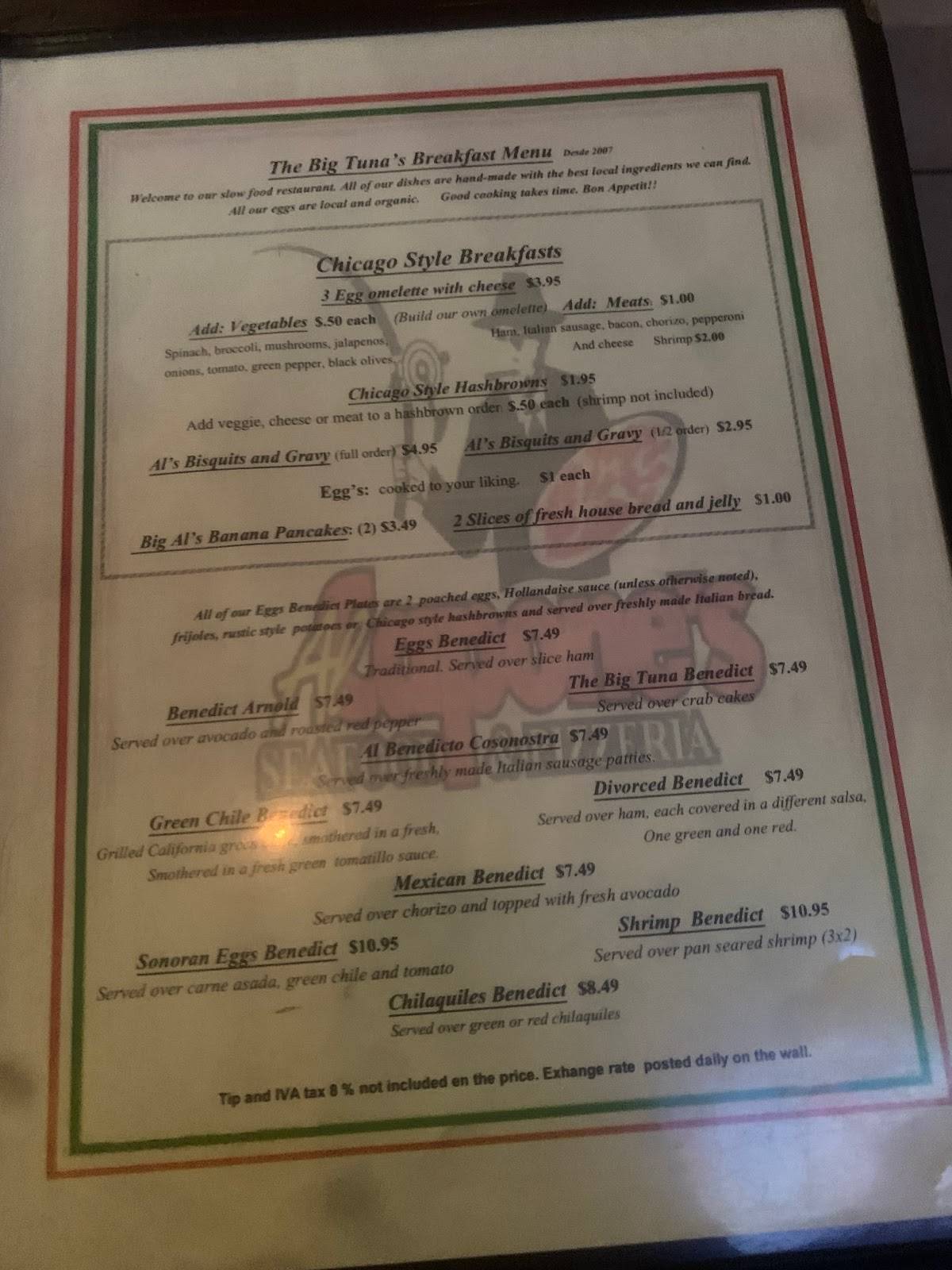 Menu at Al Capone's Seafood and Pizzeria, Puerto Peñasco