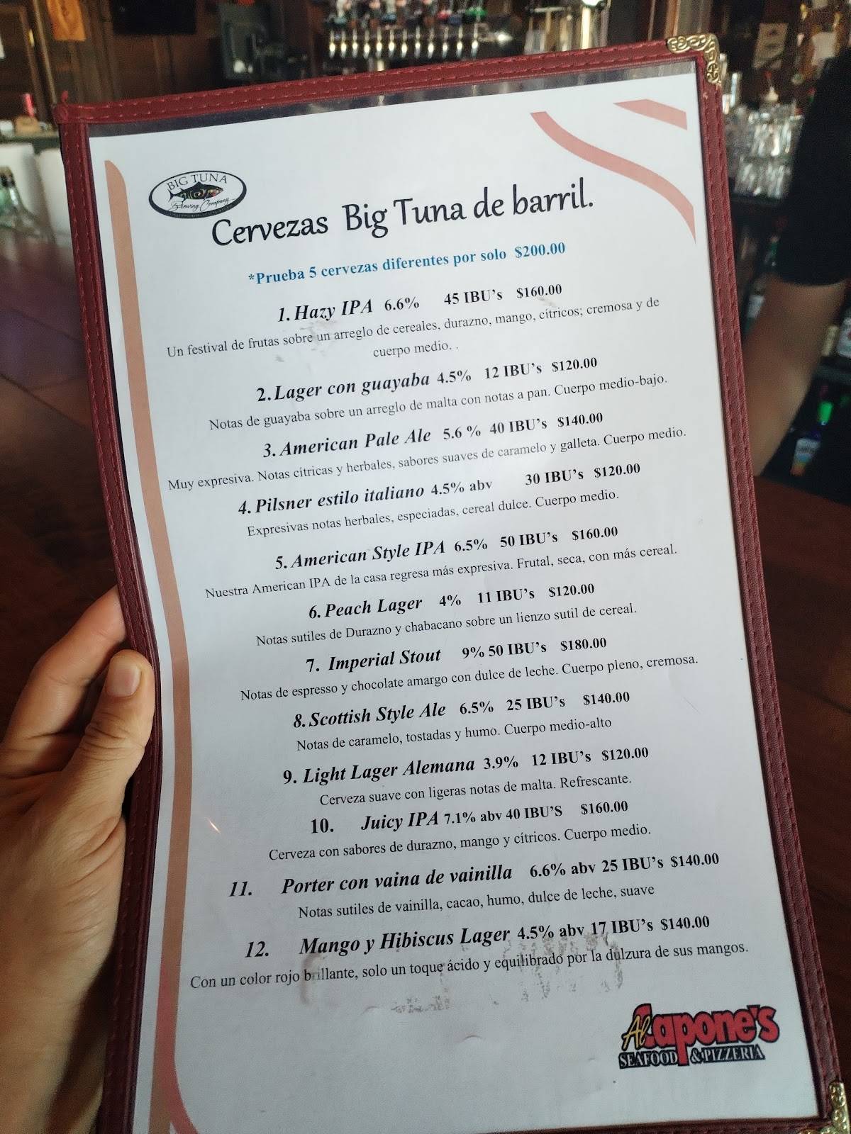 Menu at Al Capone's Seafood and Pizzeria, Puerto Peñasco