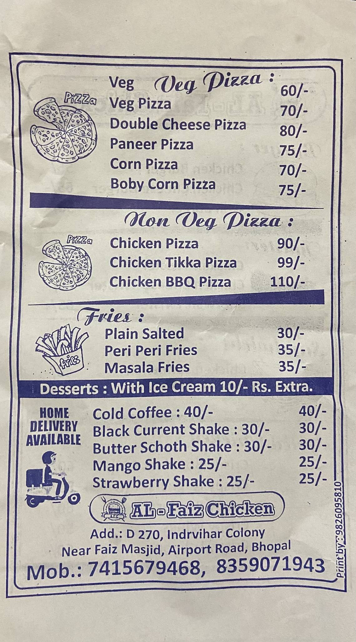 Menu at Al faiz chicken, Bhopal