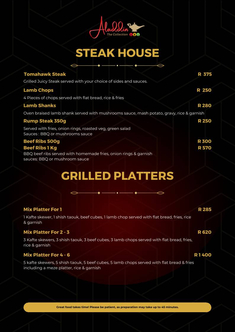 Menu at Aladdin The Collection restaurant, Cape Town
