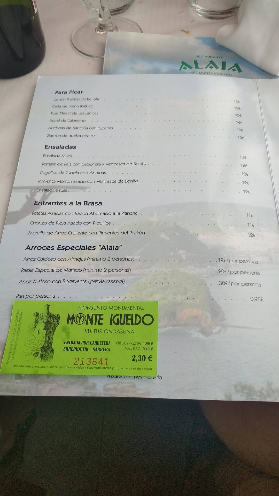 Carta del restaurante Alaia Jatetxea, San Sebastián, Igeldo Pasealekua