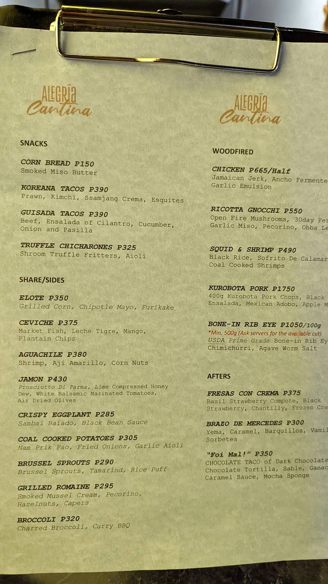Menu at Alegria Cantina restaurant, Muntinlupa