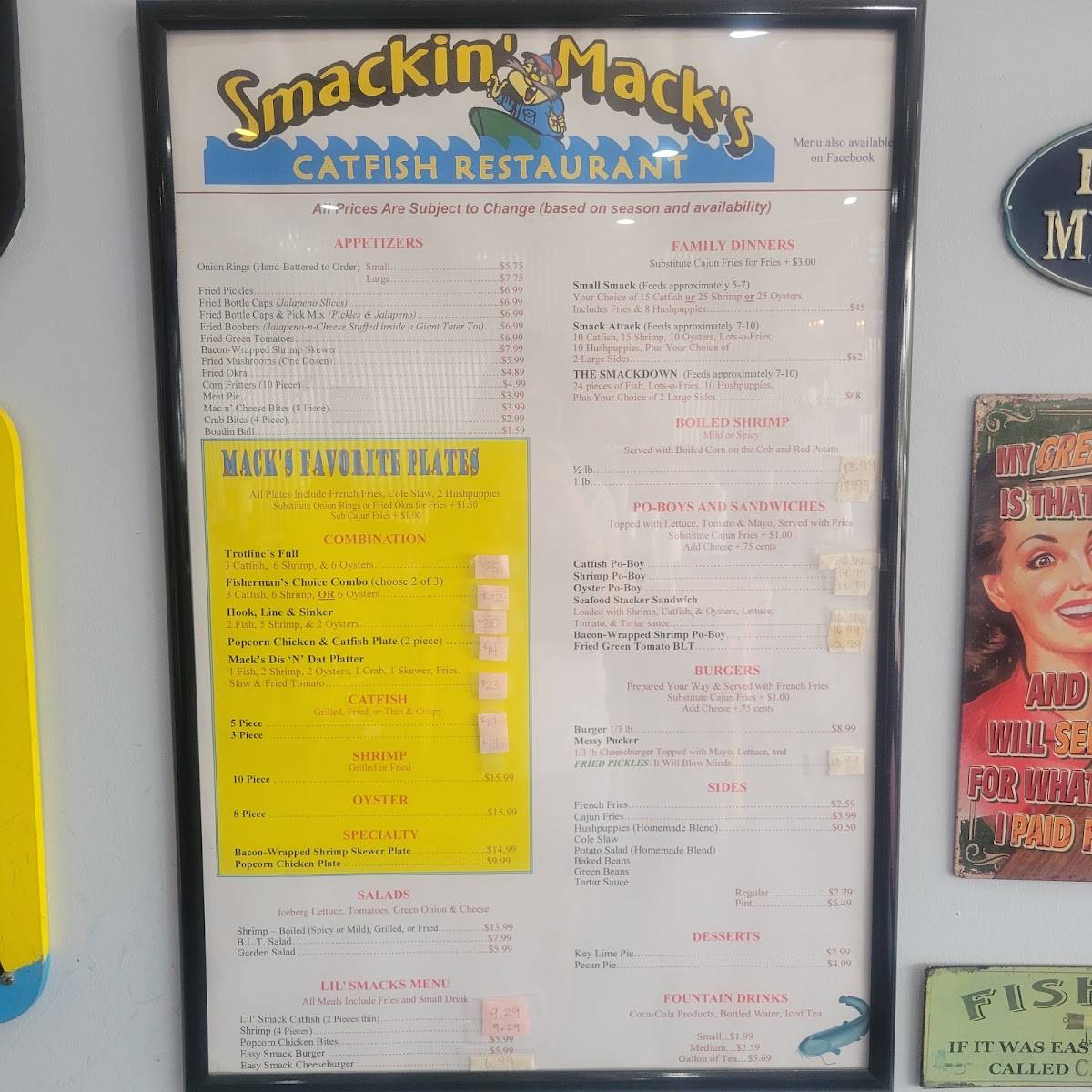 Menu at Smackin Mack's restaurant, Alexandria