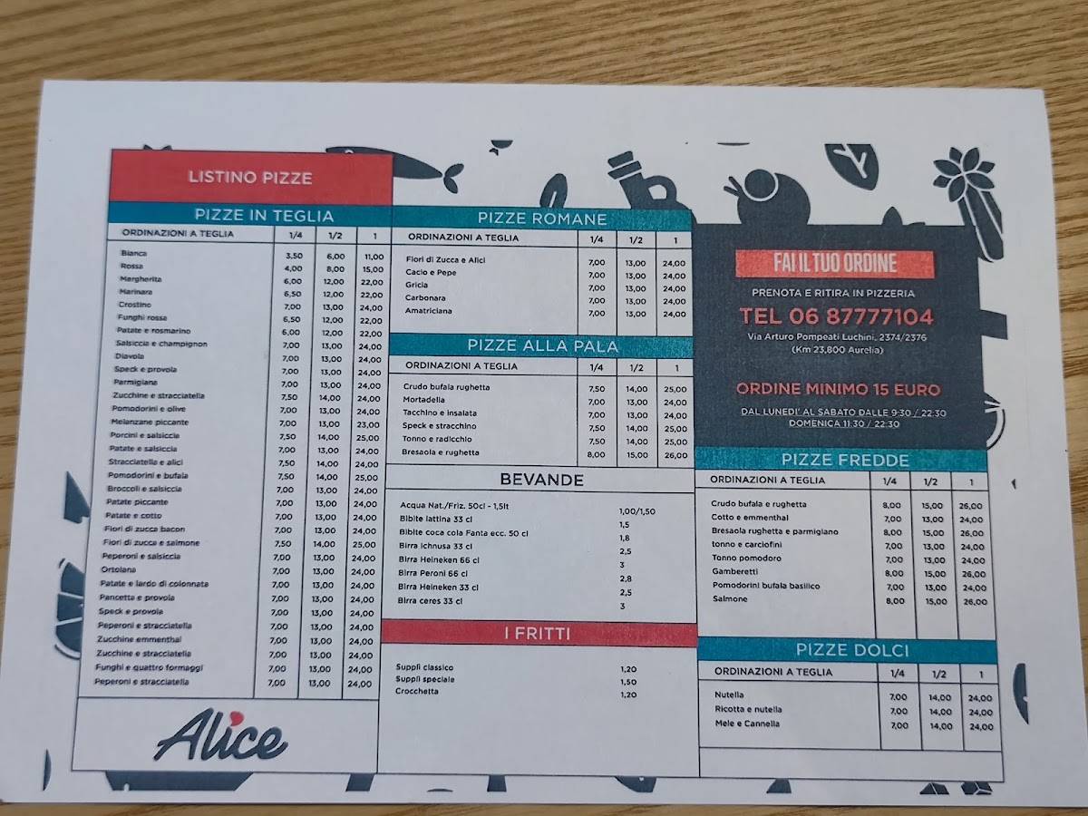 Menu da Alice Pizza Aranova ristorante, Roma