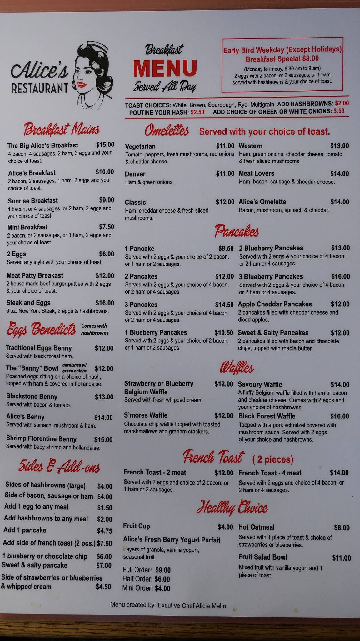 Menu at Alice's Restaurant, Nanaimo