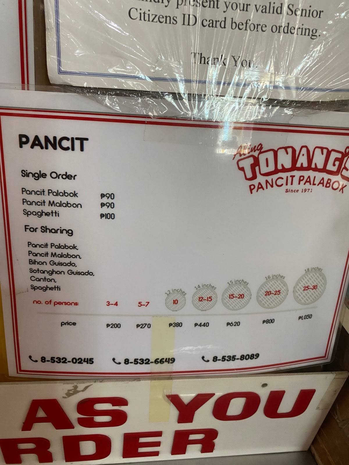 Menu at Aling Tonang's Palabok restaurant, Mandaluyong